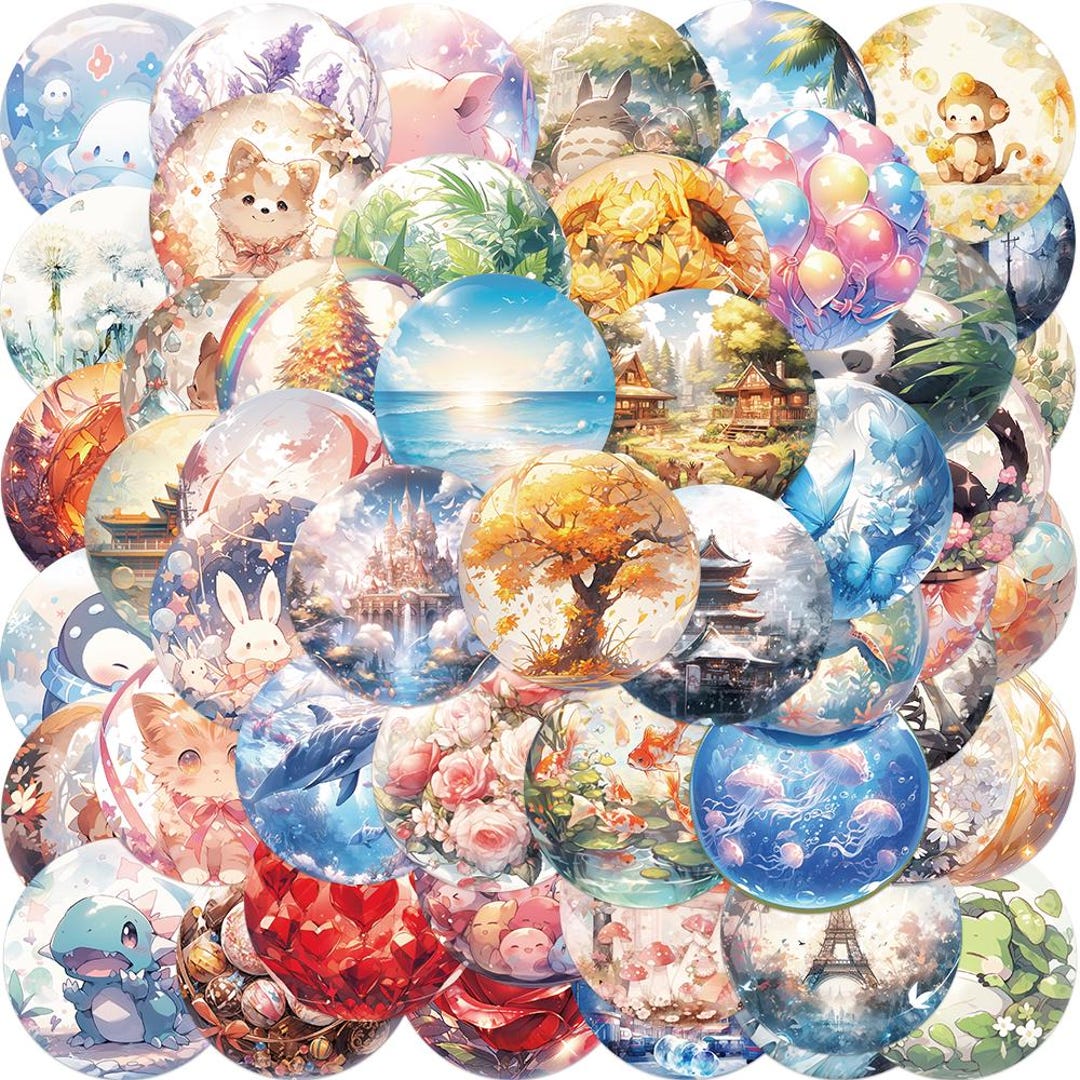 50 PCS Crystal Glass Ball Whimsical Nature & Cute Animal Sticker Set ...