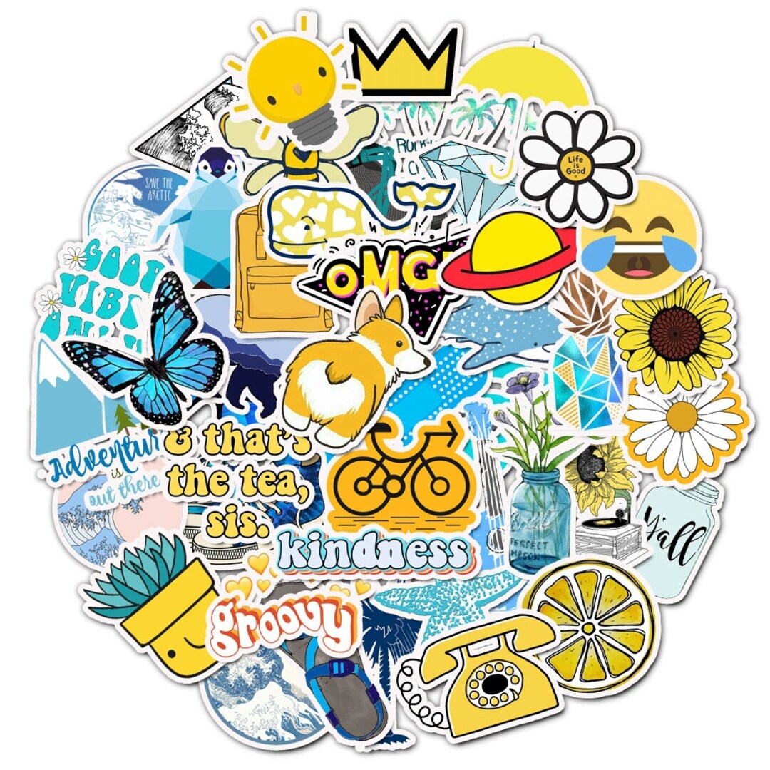 100 Stickers Blue and Yellow INS 2 Theme Design Cute Aestheic Stickers ...