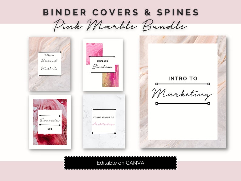 EDITABLE Pink Marble Binder Covers for College Students, Teachers, Back ...
