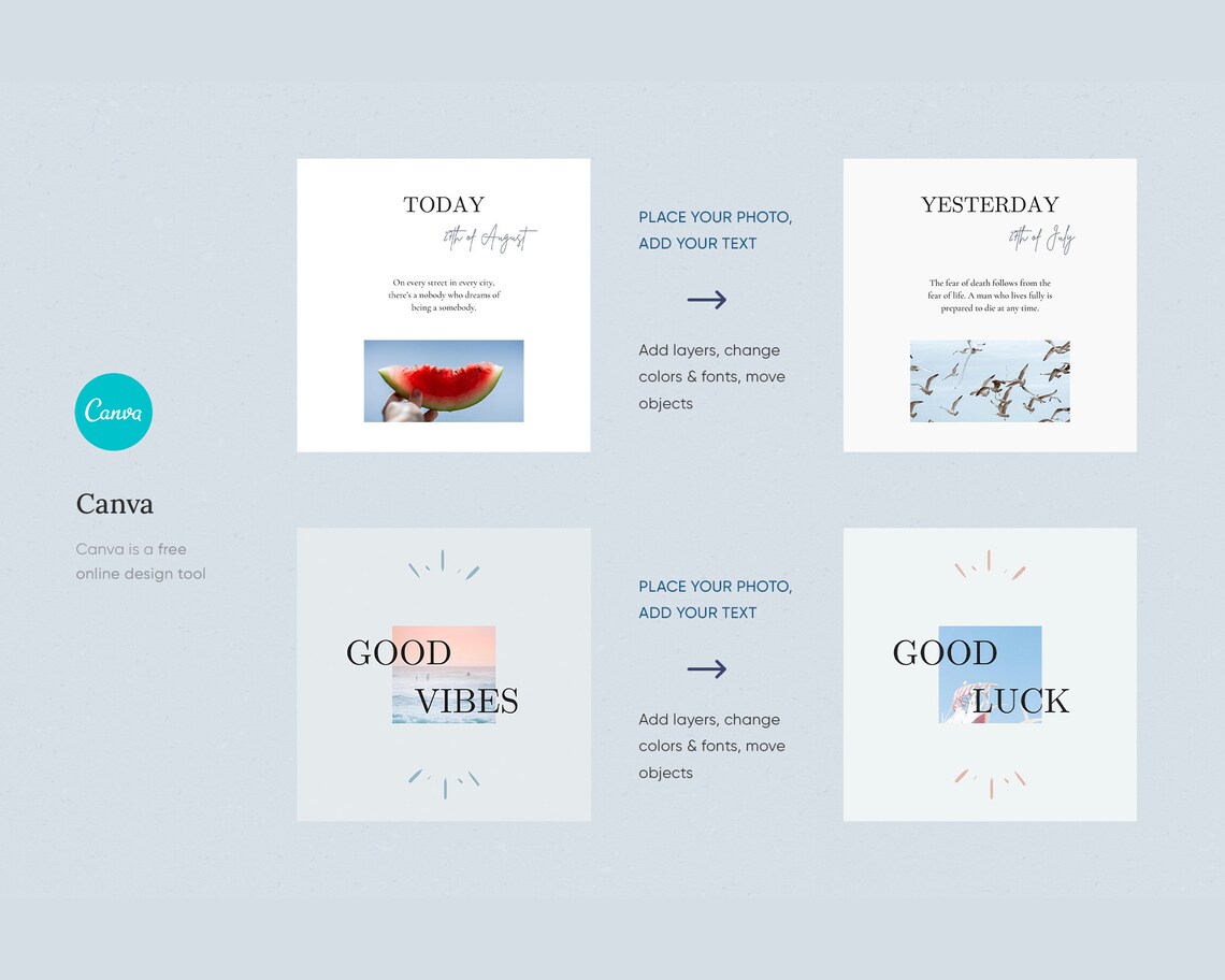 Lifestyle Blog Instagram Post Templates Canva, Social Media Feed, Blue ...