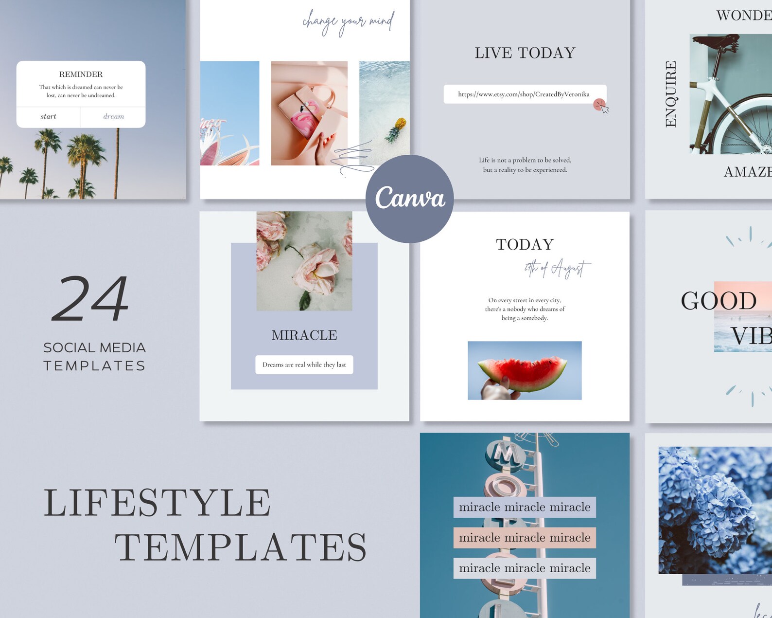 Lifestyle Blog Instagram Post Templates Canva, Social Media Feed, Blue ...