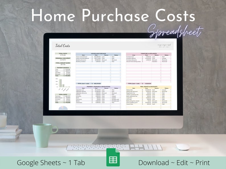 Home Purchase Costs | Google Sheets Spreadsheet Template | House ...