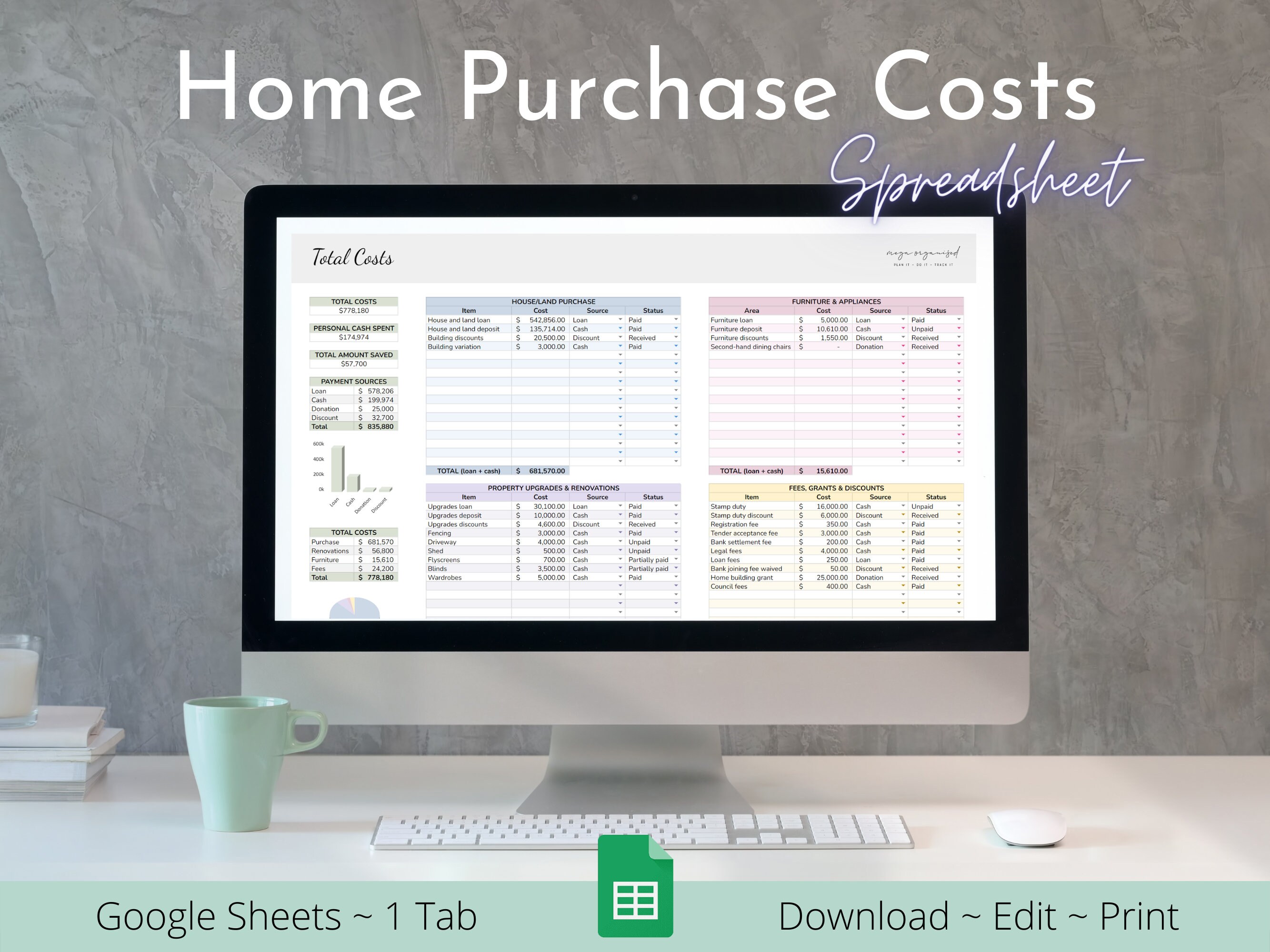 Home Purchase Costs | Google Sheets Spreadsheet Template | House ...