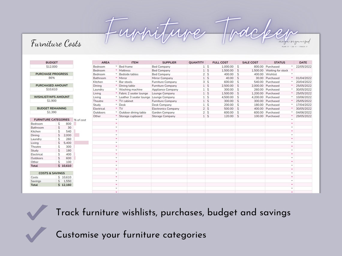 Furniture Cost Tracker | Furniture Planner | Google Sheets Budget ...