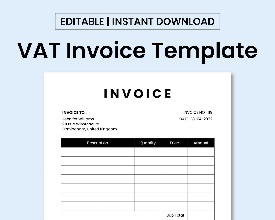 Simple VAT Invoice Template - Etsy