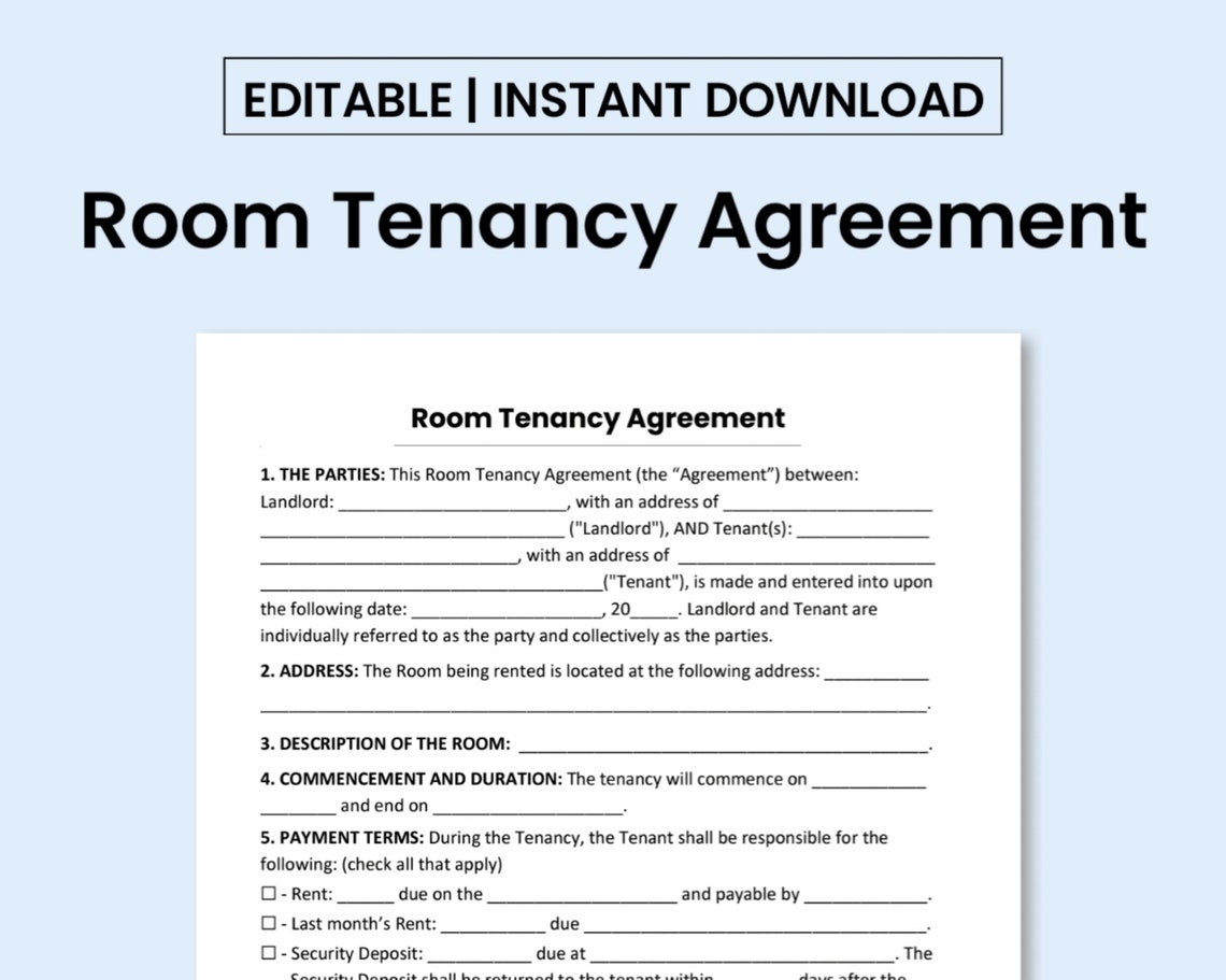 Room Tenancy Agreement Template. PDF Form / Word Document. Printable ...