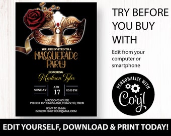 Paper Fancy Masked Party Invite DIGITAL FILE Elegant Sophisticated ...