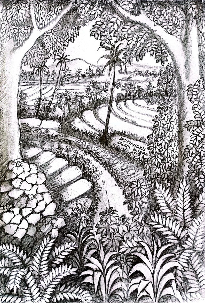 Balinese Landscape Pencil Sketch on A4 Paper - Etsy