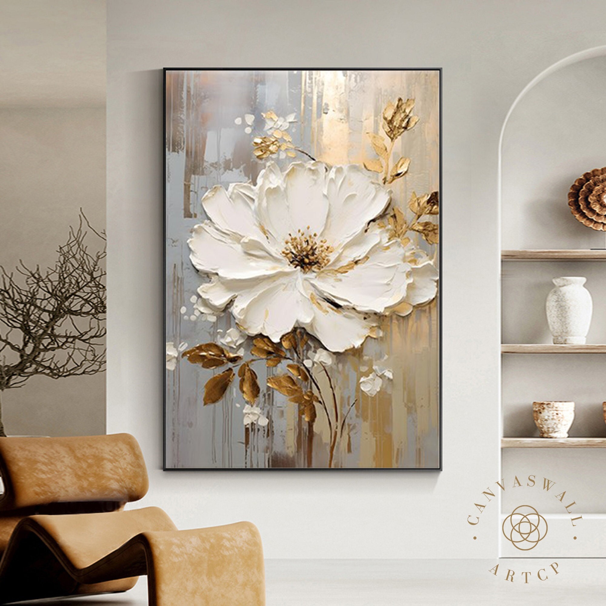 Gold Floral 3D Texture Painting: Flower Abstract Wall Art - Etsy