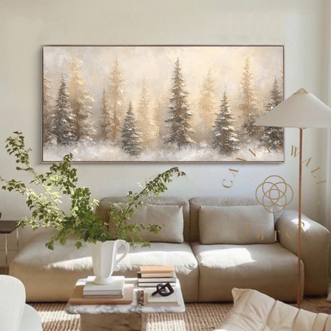 Winter Pine Forest Painting on Canvas 3D Textured Snowy Landscape Wall Art Scenic Winter Trees ...