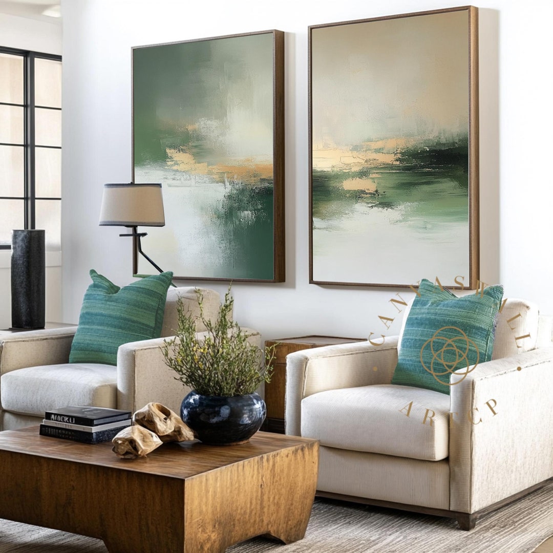 Green Abstract Painting Set of 2 Neutral Acrylic Paintings Sage Pastel ...