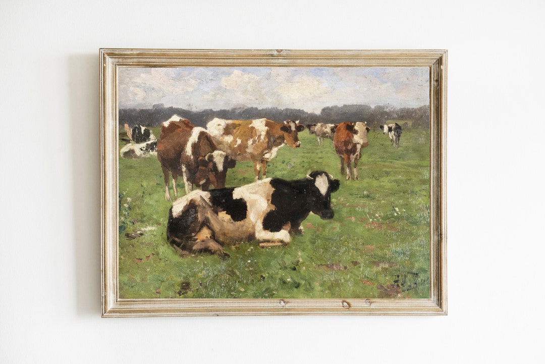 Vintage Painting of Cows in a Field | Rustic Farmhouse Wall Art | Cows ...