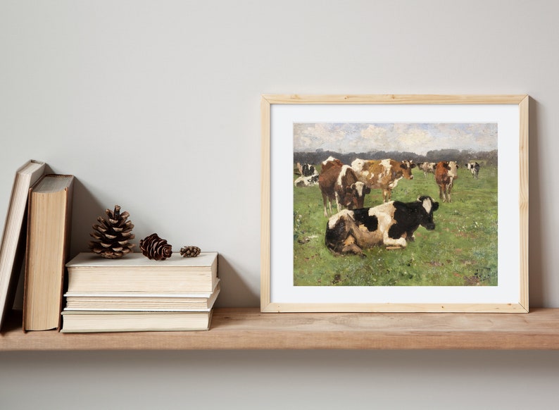 Vintage Painting of Cows in a Field | Rustic Farmhouse Wall Art | Cows ...
