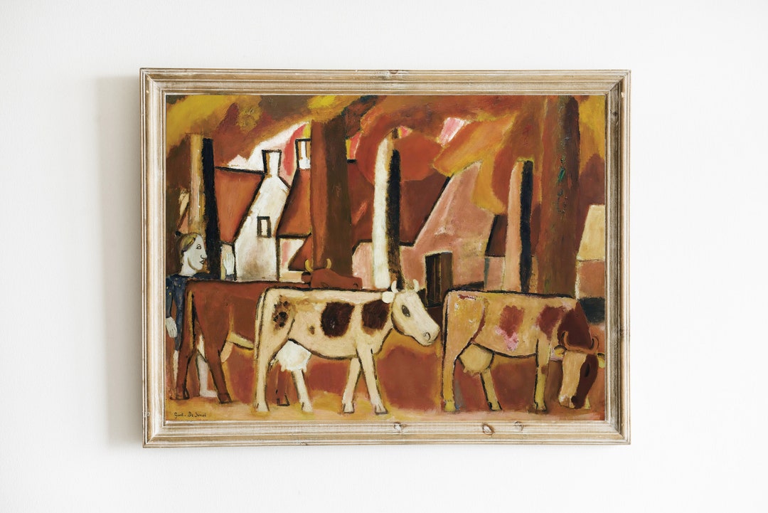 Vintage Abstract Folk Painting of Cows | Rustic Abstract Landscape Art ...