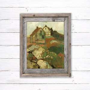 Vintage Landscape Painting With Houses | Vintage Folk Art Painting With ...