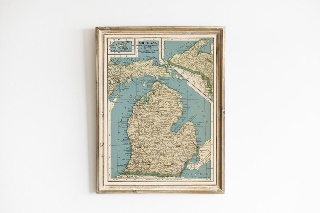 Vintage Michigan State Map Antique Michigan Map Print Michigan Map Home ...