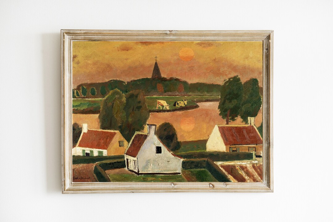 Vintage Folk Art Landscape Painting | Quaint Landscape Painting With ...