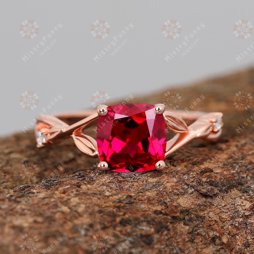 Cushion Cut Red Ruby Solid Gold Engagement Ring Handmade Gemstone ...