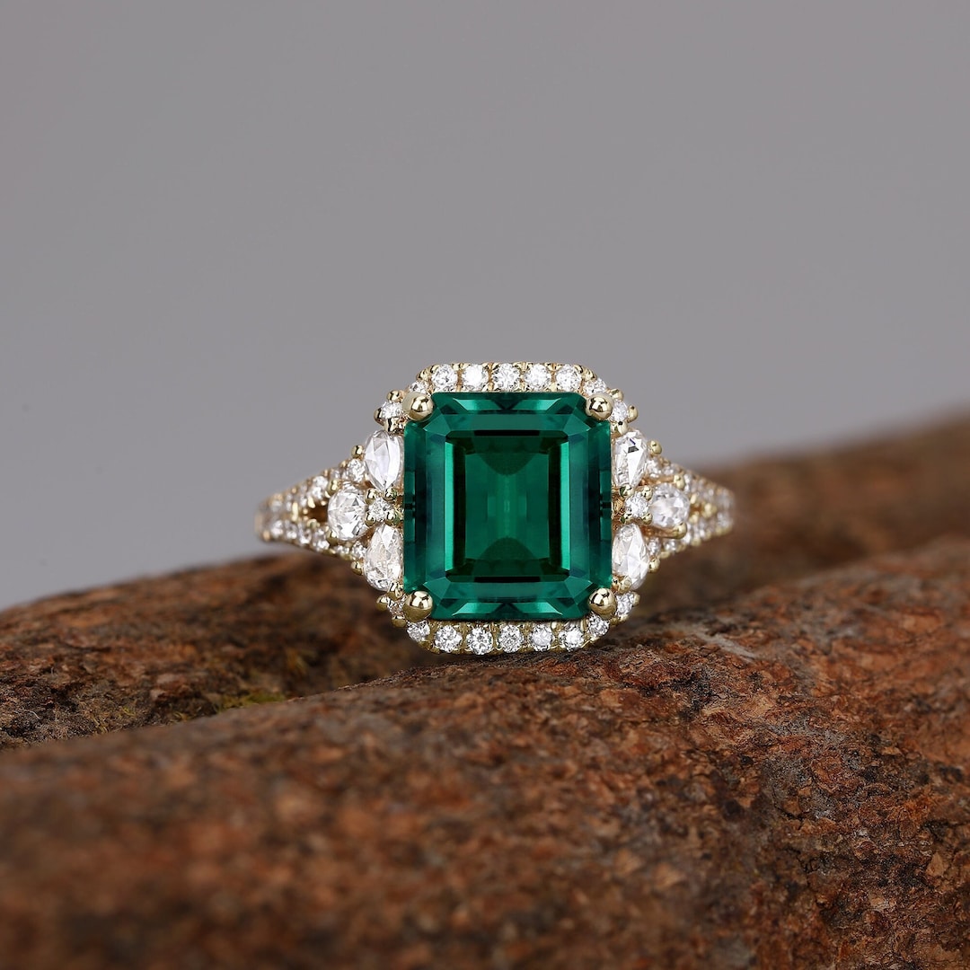 K Solid Gold Emerald Cut Lab Created Emerald Ring Engagement Ring Women ...