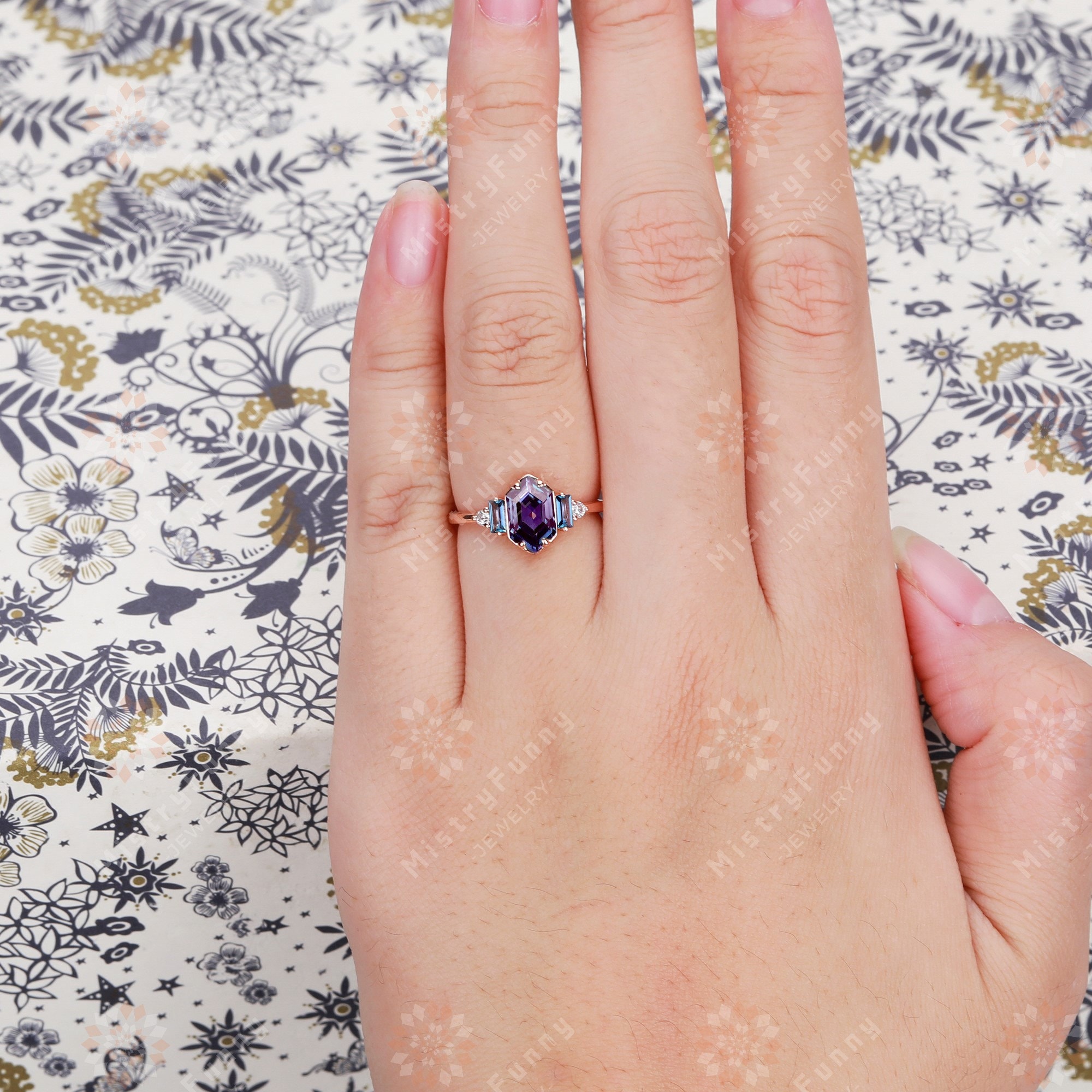 Long Hexagon Cut Lab Created Alexandrite Ring Bridal 925 Sterling ...