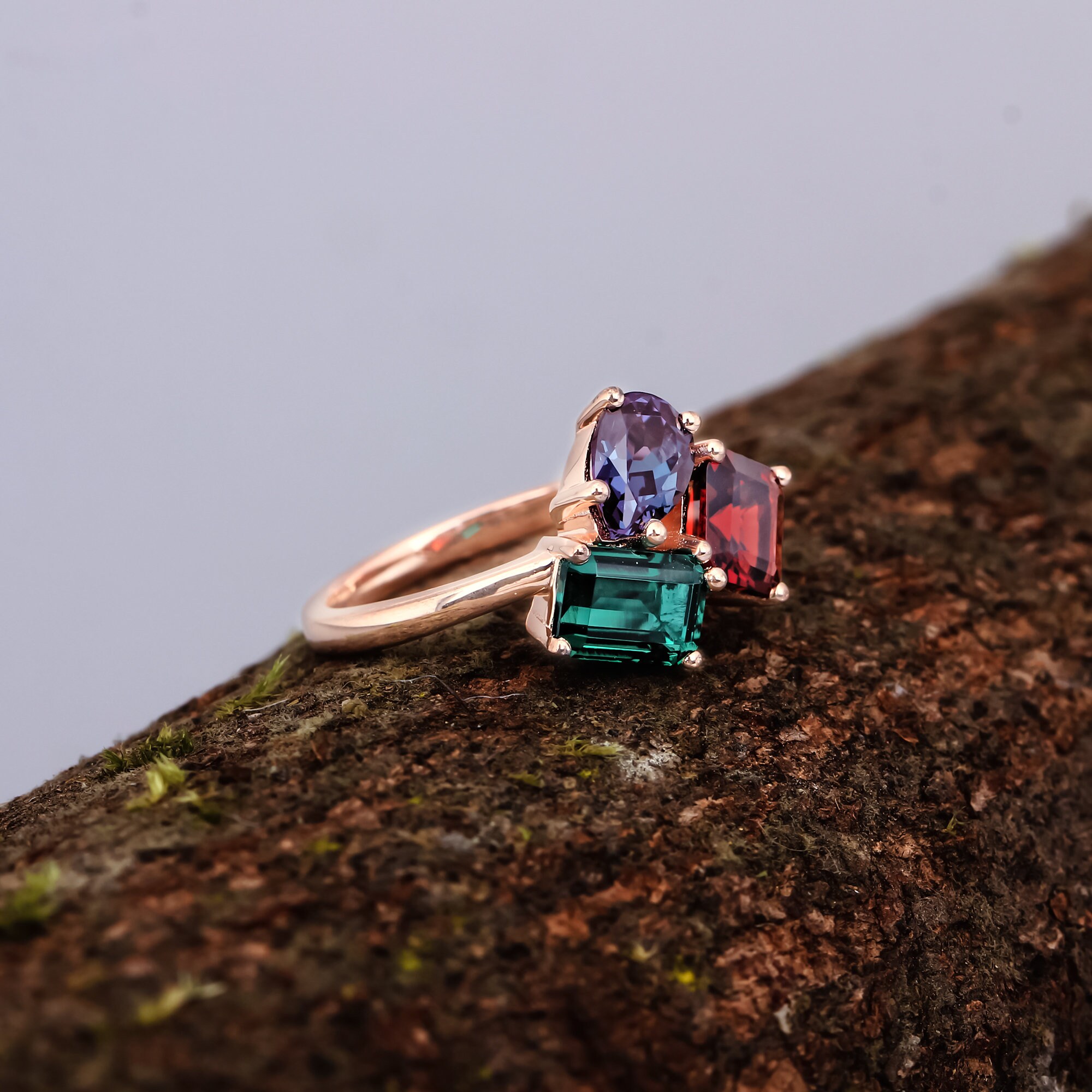 Three Stone Ring 925 Sterling Silver Radiant Cut Garnet Emerald Cut ...