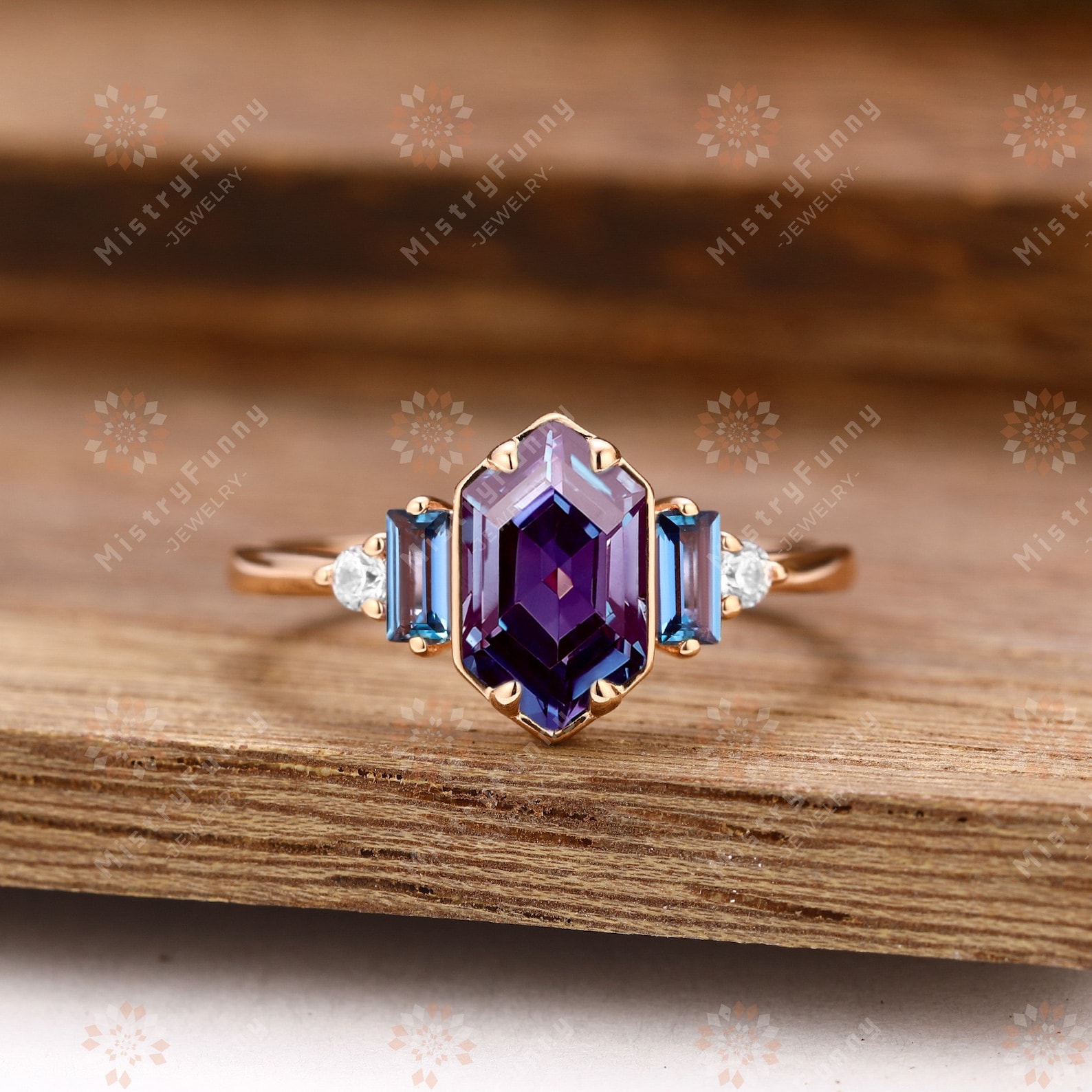 Long Hexagon Cut Lab Created Alexandrite Ring Bridal 925 Sterling ...