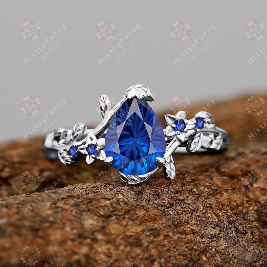 18K White Gold Firework Cut Teardrop Blue Sapphire Ring Engagement Ring ...