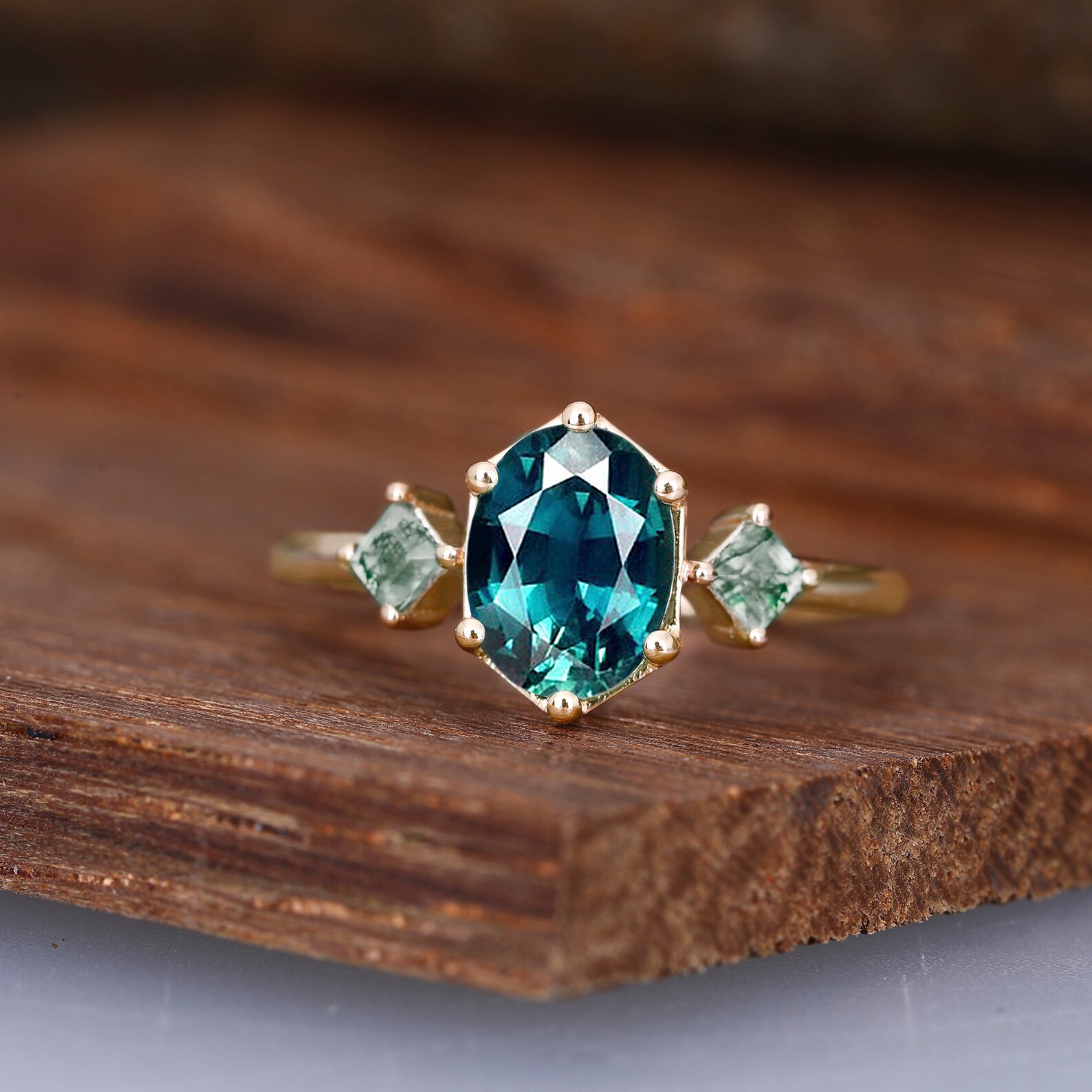 Lab Created Blue Green Sapphire Oval Cut Gemstone Ring 925 Sterling ...