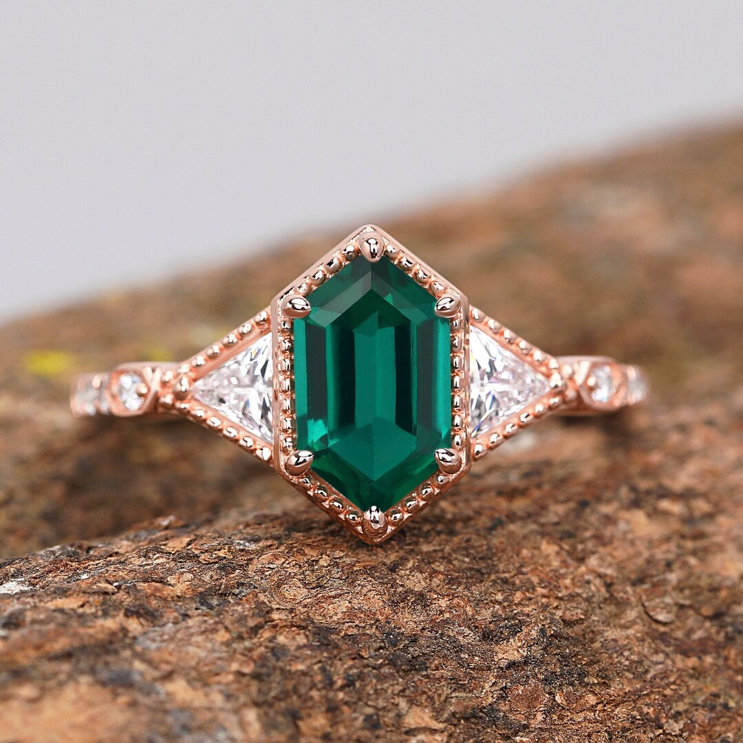 K Solid Gold Emerald Ring Long Hexagon Cut Emearld Engagement Ring for ...