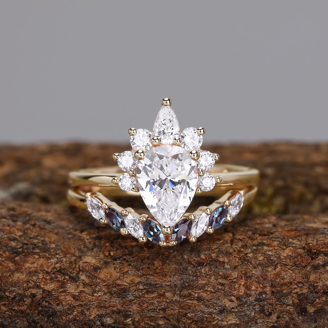 Stackable Ring Set Teardrop Shape Pear Cut White Moissanite Ring Set ...