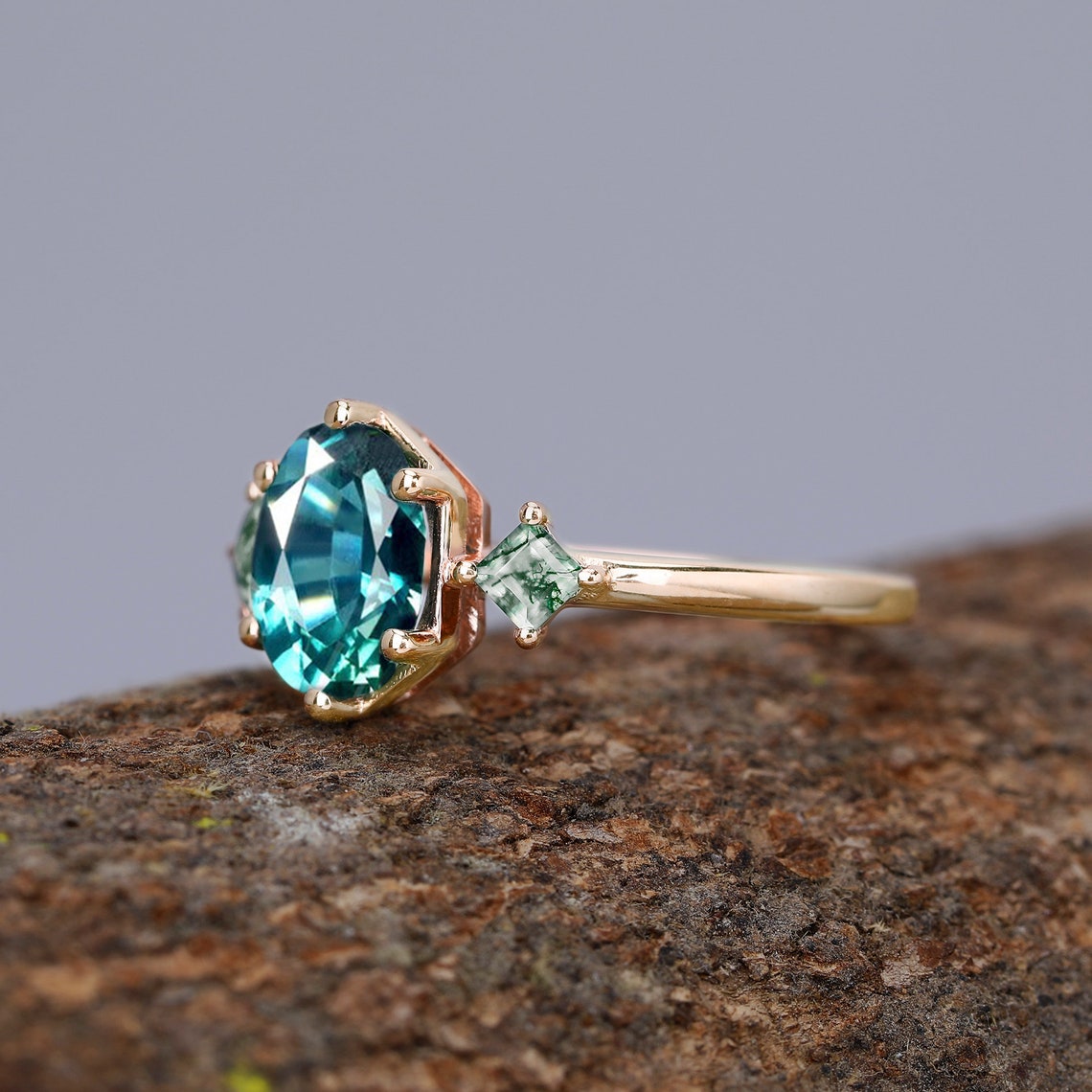 Lab Created Blue Green Sapphire Oval Cut Gemstone Ring 925 Sterling ...