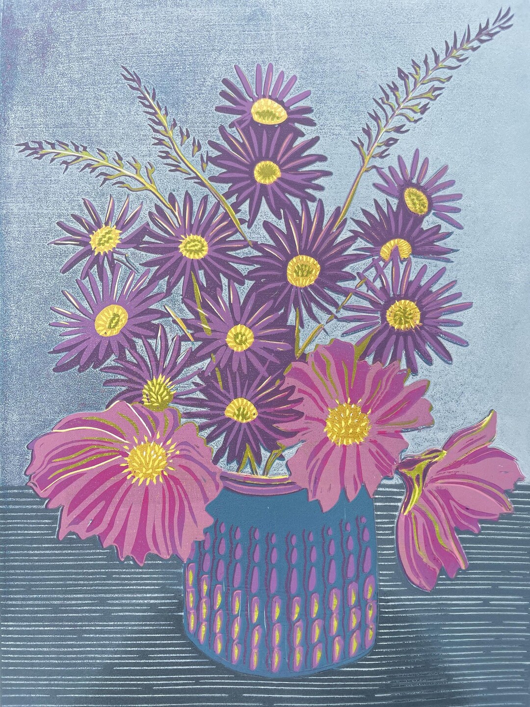 September Birth Flower Art, Aster and Cosmos Lino Print, Lino Print ...