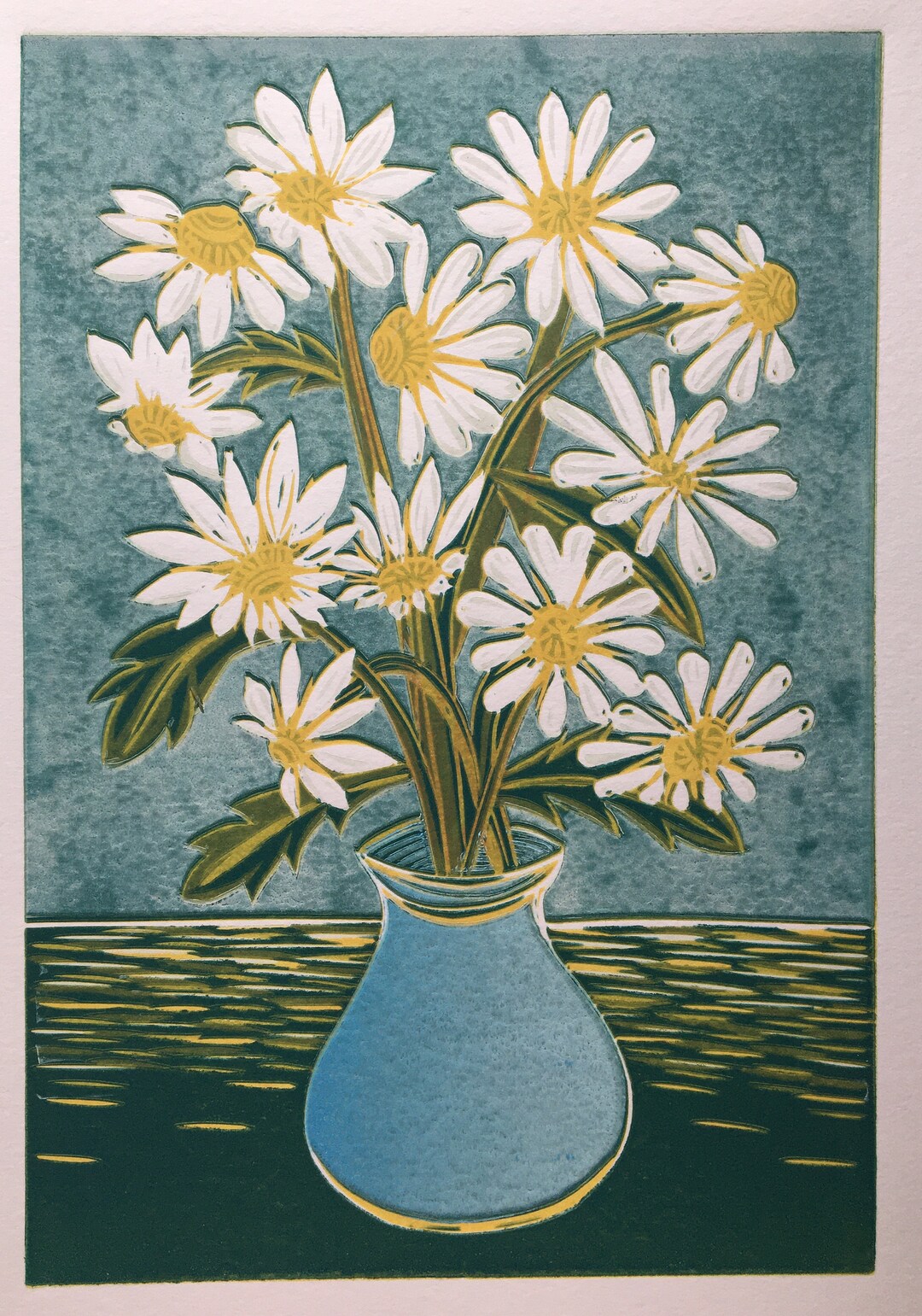 April Birth Flower Art, Linoprint Daisy Flowers, A4 Linocut Art ...