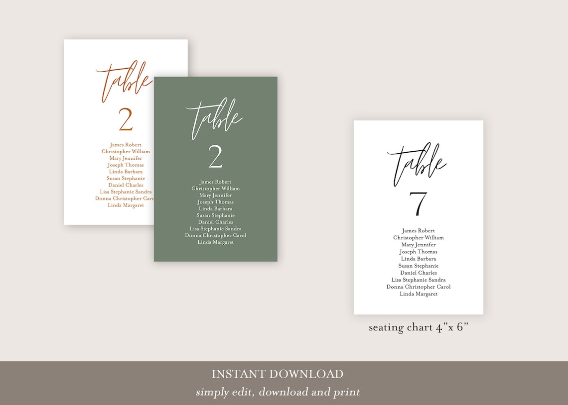 4x6 Wedding Seating Chart Template, Seating Cards, Elegant Seating Plan ...