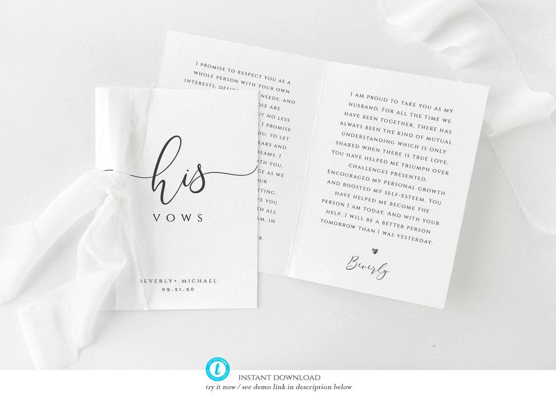 His and Her Wedding Vow Template, Wedding Vow Cover, Mr and Mrs ...
