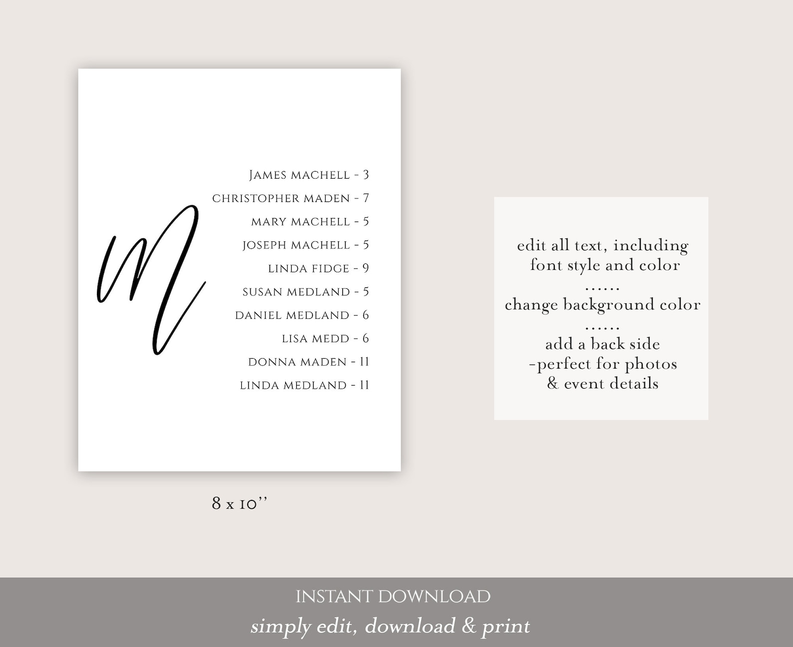 8x10 Alphabetical Seating Chart Template, Seating Cards, Elegant ...