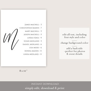 8x10 Alphabetical Seating Chart Template, Seating Cards, Elegant ...