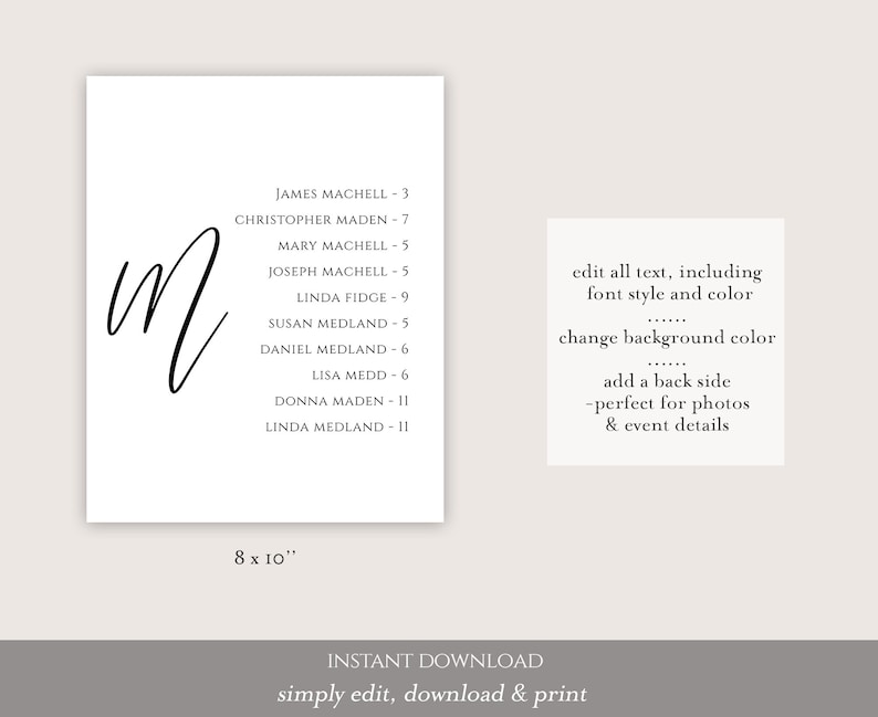 8x10 Alphabetical Seating Chart Template, Seating Cards, Elegant ...