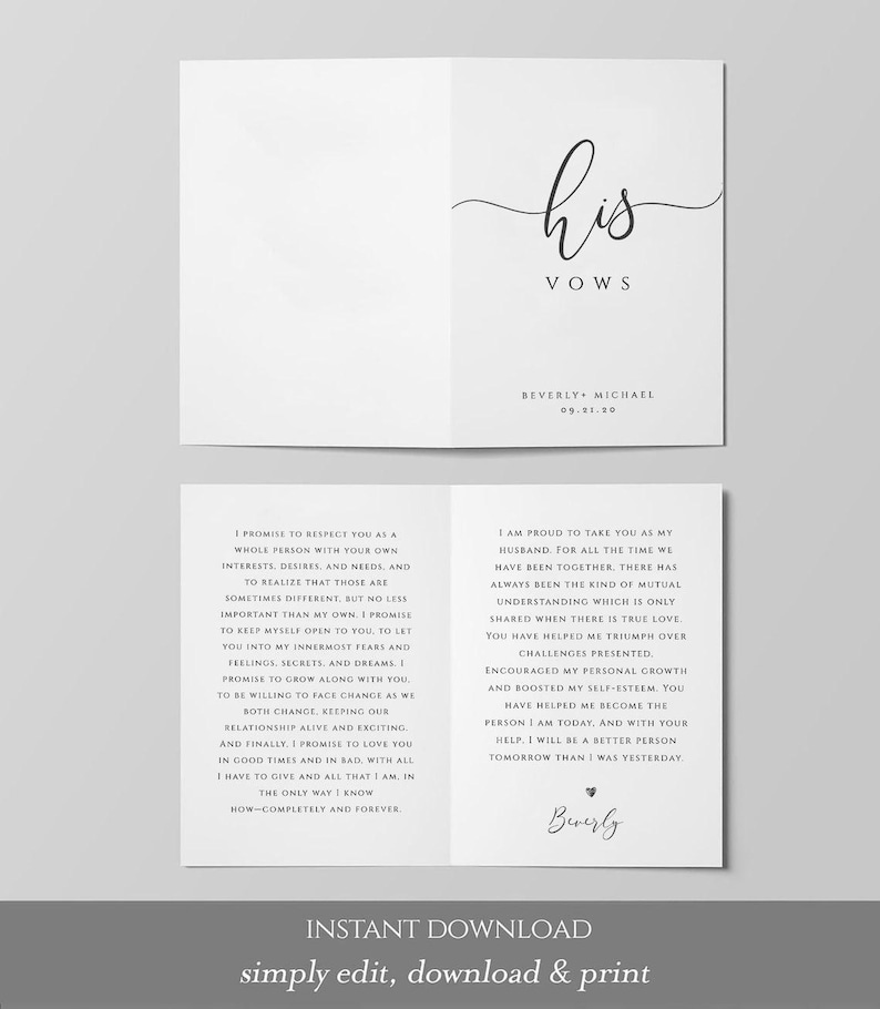 His and Her Wedding Vow Template, Wedding Vow Cover, Mr and Mrs ...