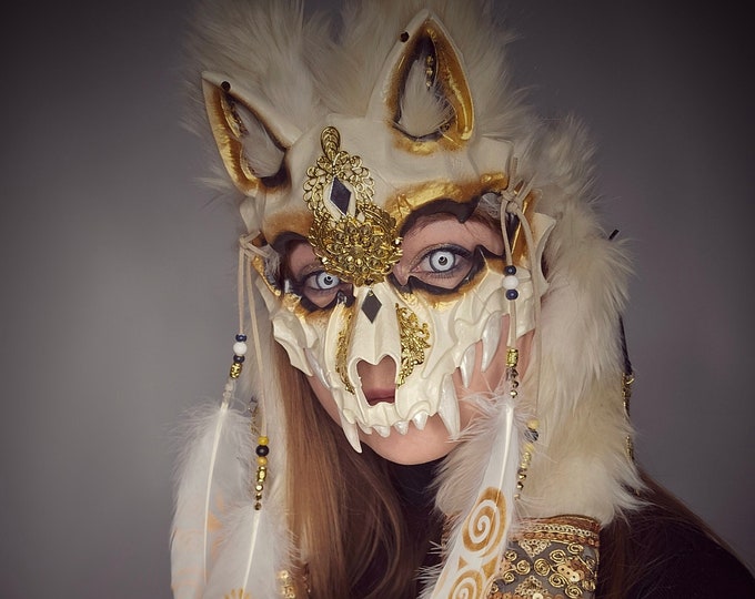 Tribal Ivory Wolf Headdress With Golden Dragons Pendants - Etsy
