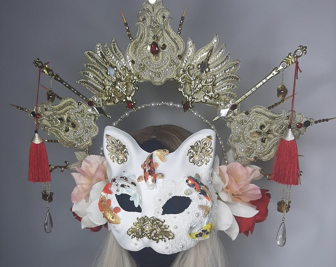 Asian Style Geisha Inspired Golden Floral Halo Crown With Tassels and ...