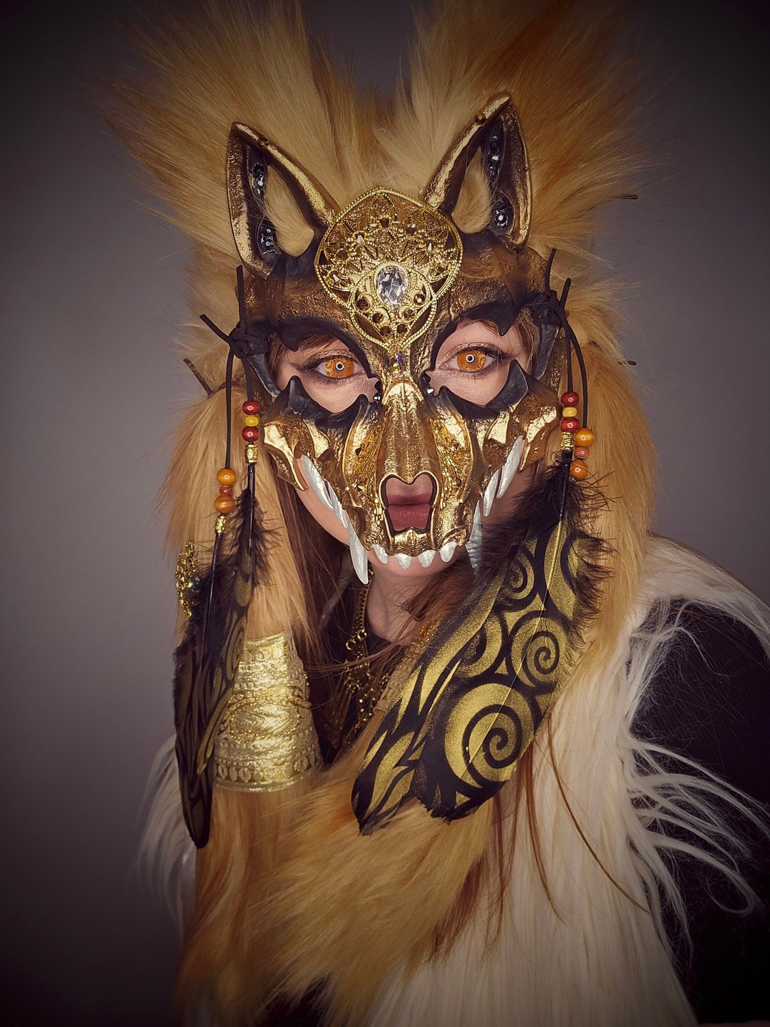 Tribal Fire Fox Mask Faux Fur Headdress - Etsy
