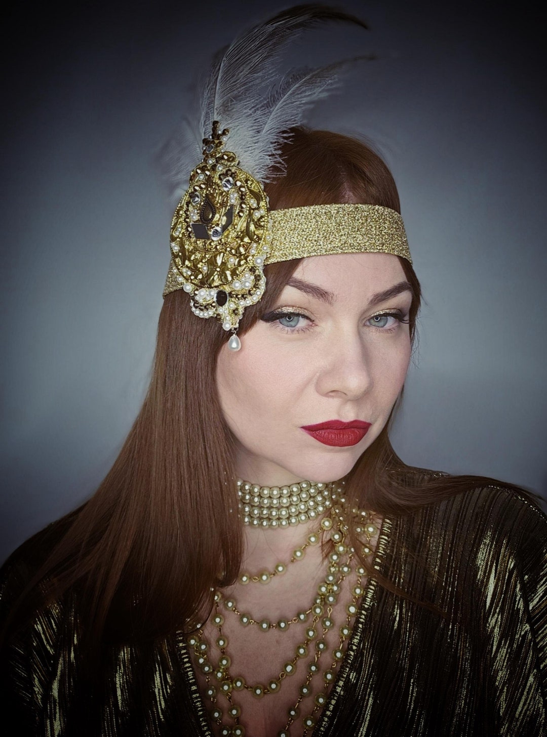 Retro Golden Great Gatsby 20's Style Headpiece With Ostrich Feathers - Etsy