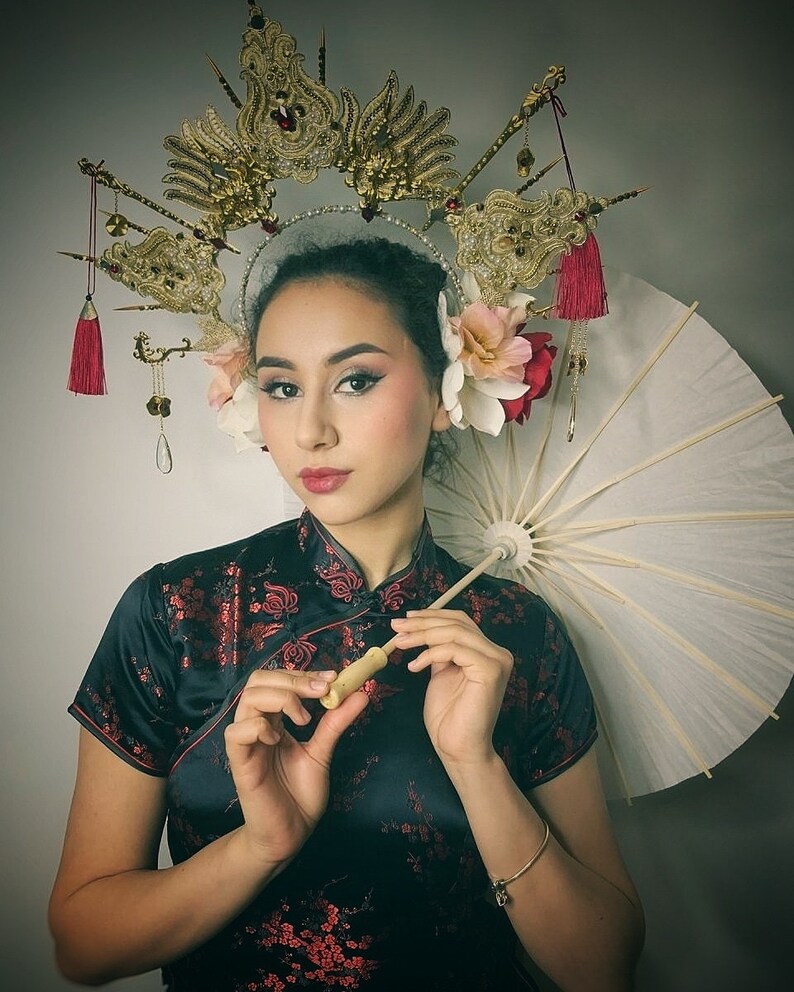 Asian Style Geisha Inspired Golden Floral Halo Crown With - Etsy