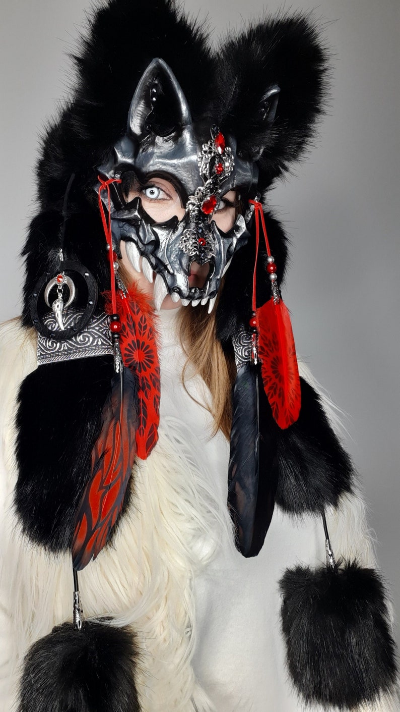 Tribal Black Wolf Skull Fur Headdress - Etsy