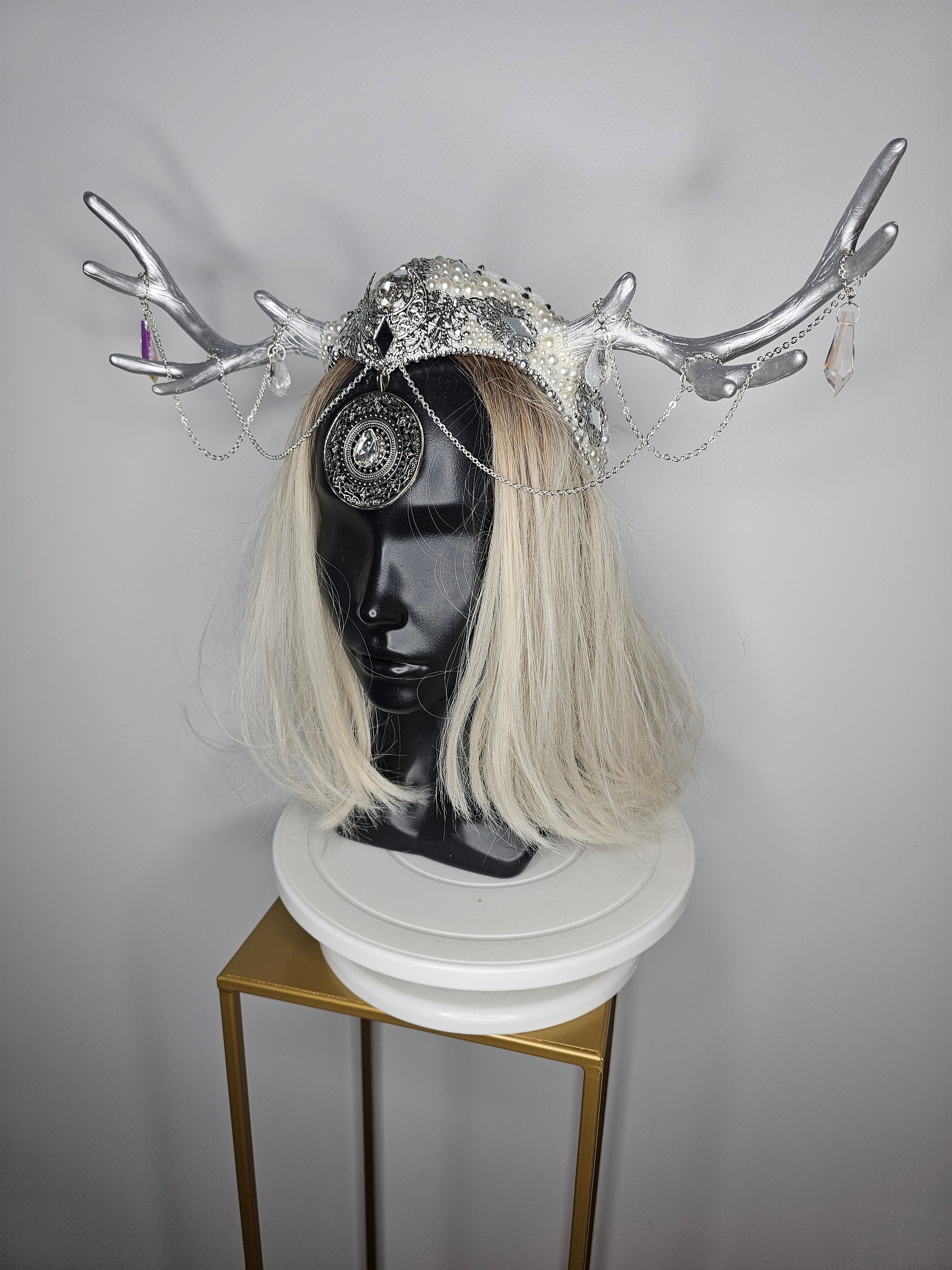 Silver Deer Antlers With Sparkling Rhinestones, Pearls, Chains and ...