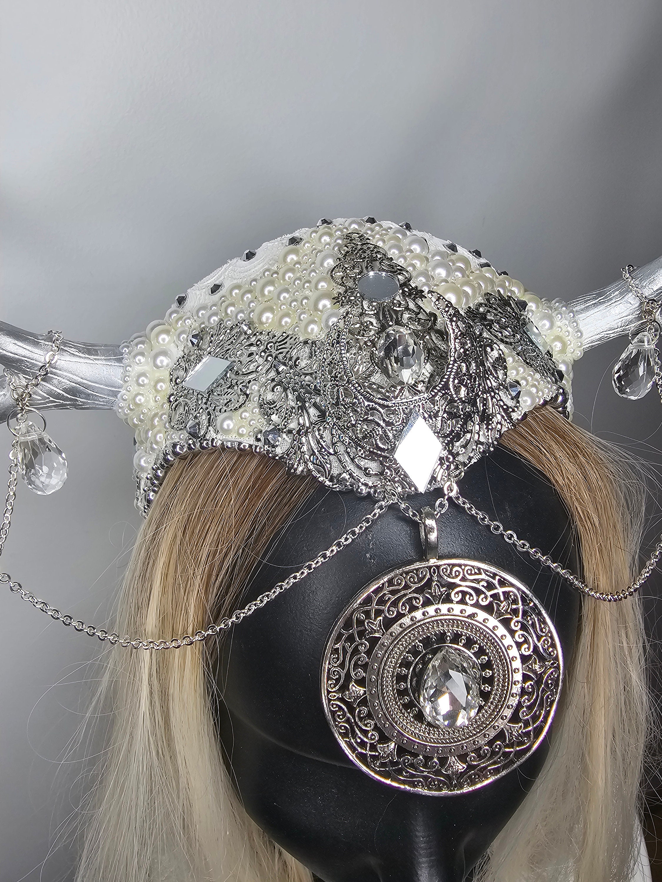 Silver Deer Antlers With Sparkling Rhinestones, Pearls, Chains and ...