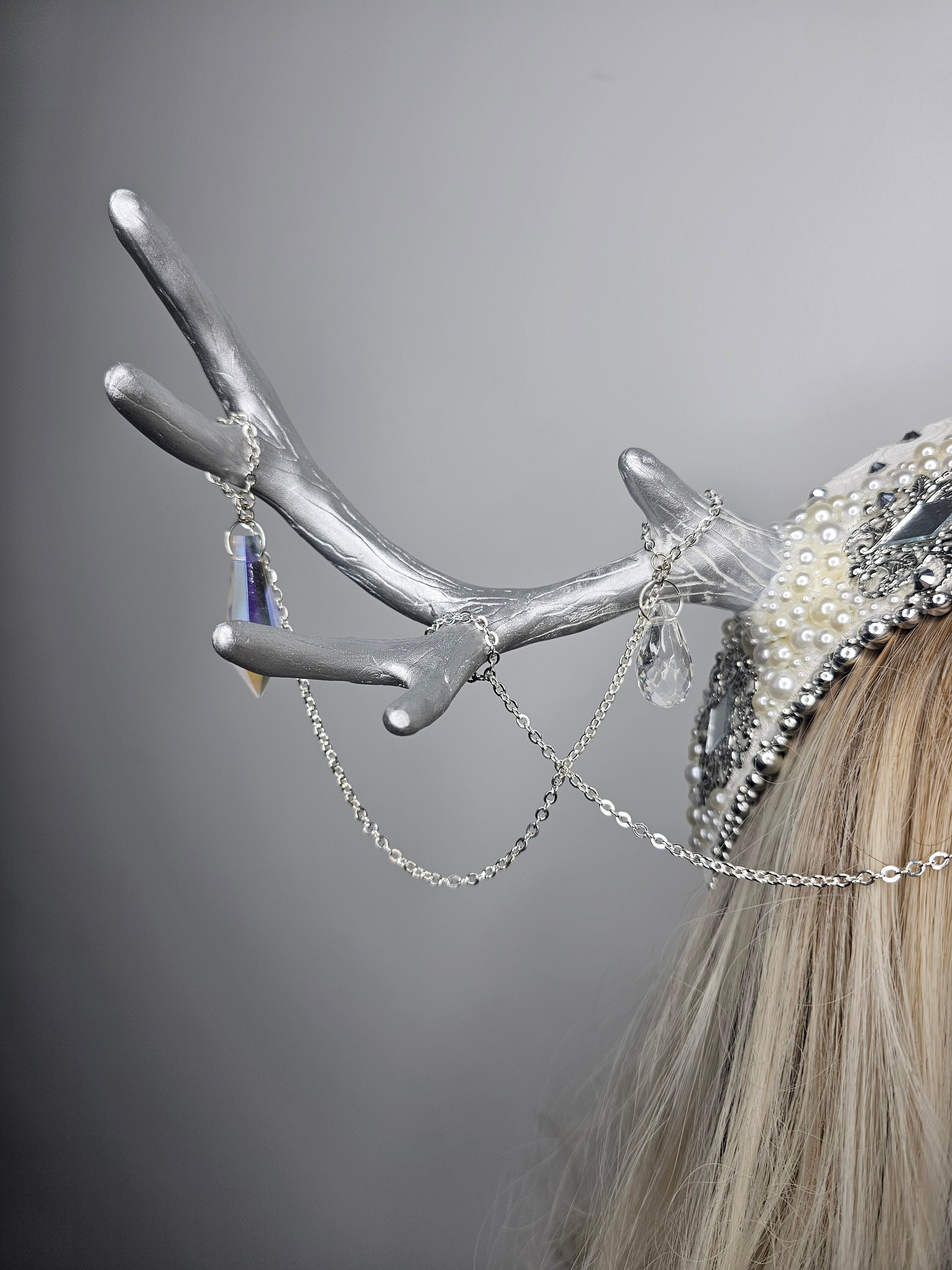 Silver Deer Antlers With Sparkling Rhinestones, Pearls, Chains and ...