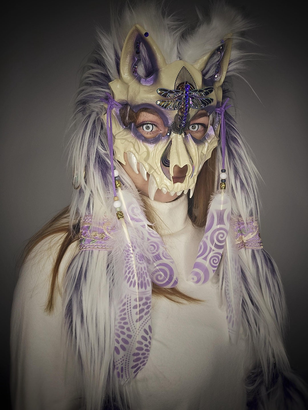 Tribal Amethyst White&purple Wolf Mask Headdress With Rainbow Crystal ...