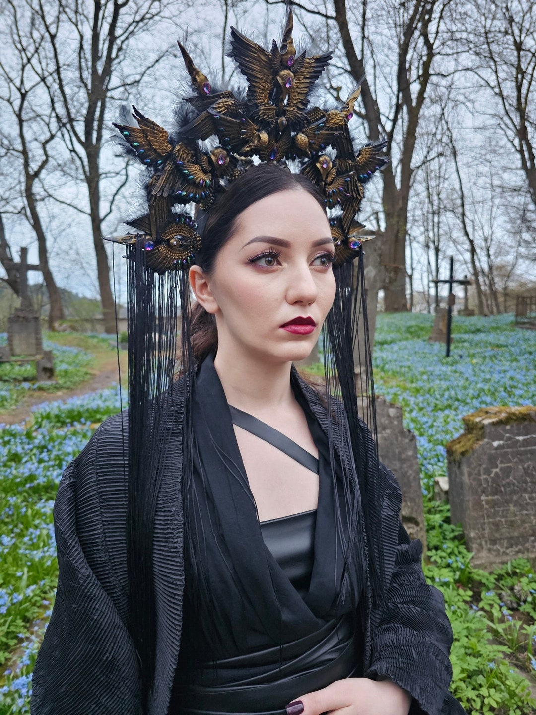 Black&gold Raven Wings and Skulls Crown Headpiece With Fringe - Etsy